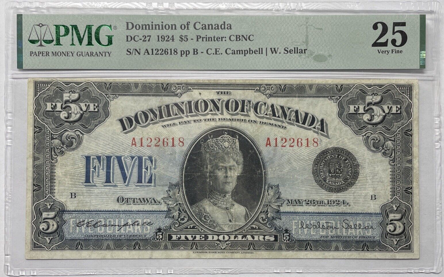 1924 Queen Mary Dominion Of Canada $5 DC-27, PMG Certified VF25. MB-02 ...